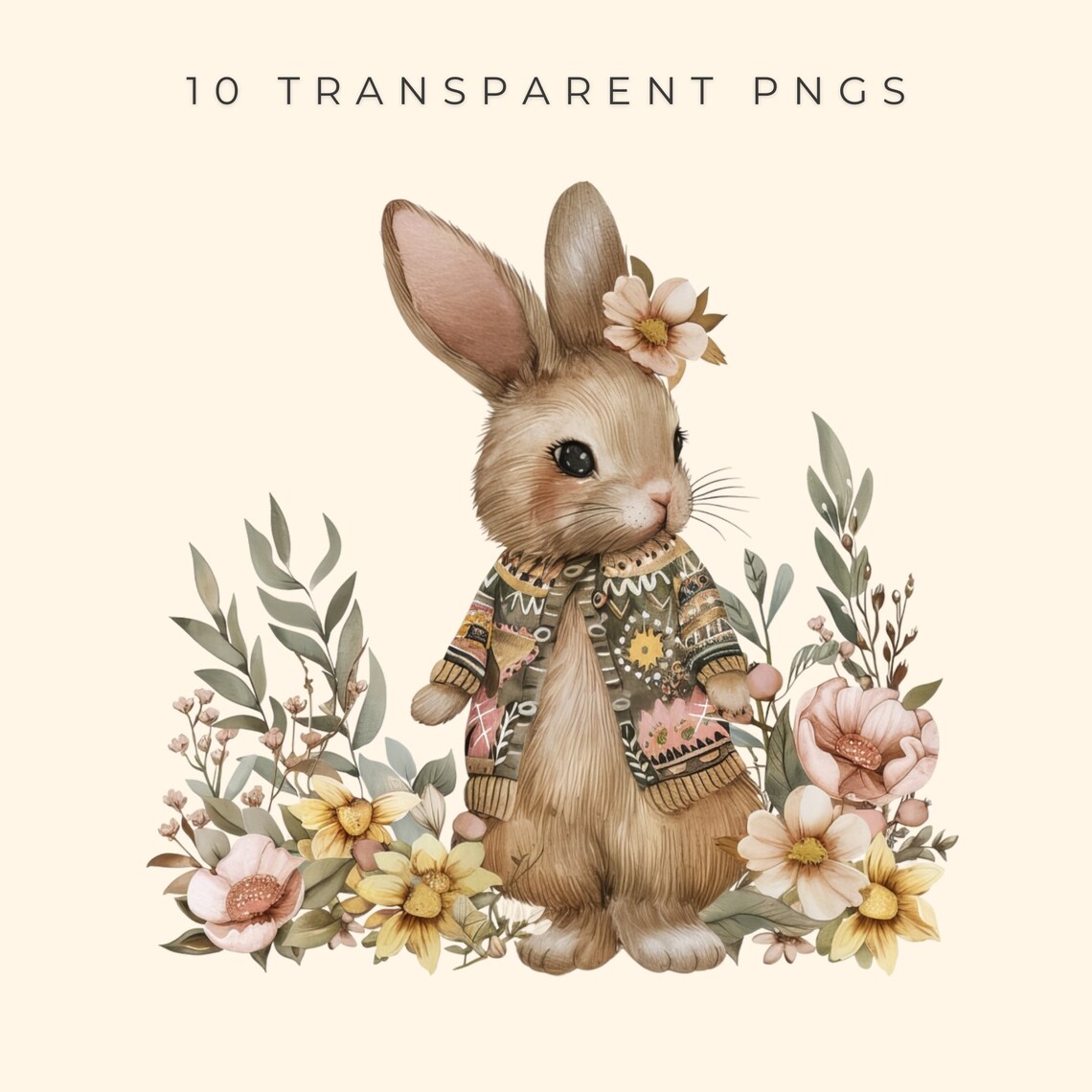 10 Bunnies With Flowers PNG, Bunny Clipart Pack, Floral Bunnies ...
