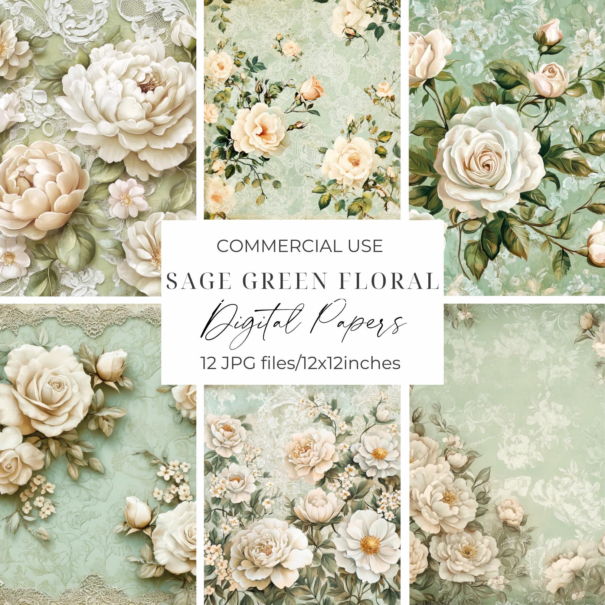 Sage Green Floral Digital Paper Watercolor Floral Lace Pastel Wedding ...