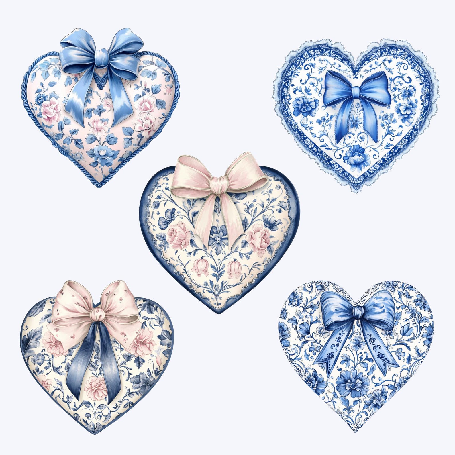 Blue Toile Chinoiserie Hearts Clipart Hearts and Bows Clipart Pngs ...