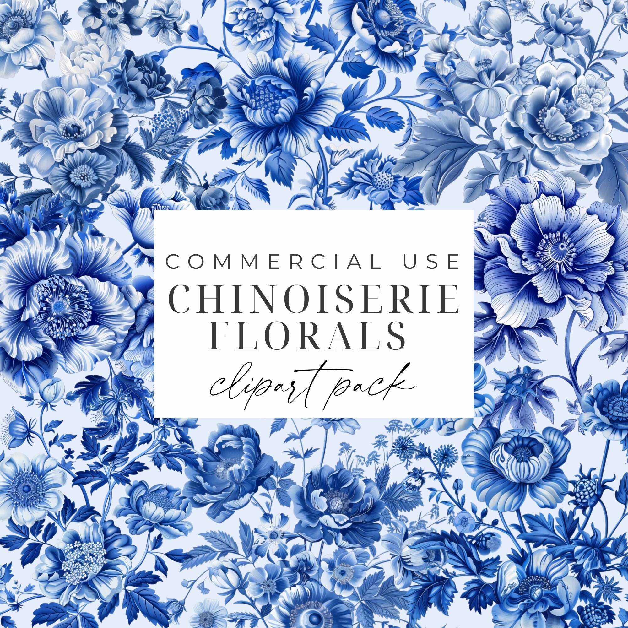 Blue Chinoiserie Floral Clipart Chinoiserie Clipart Bundle Watercolor ...