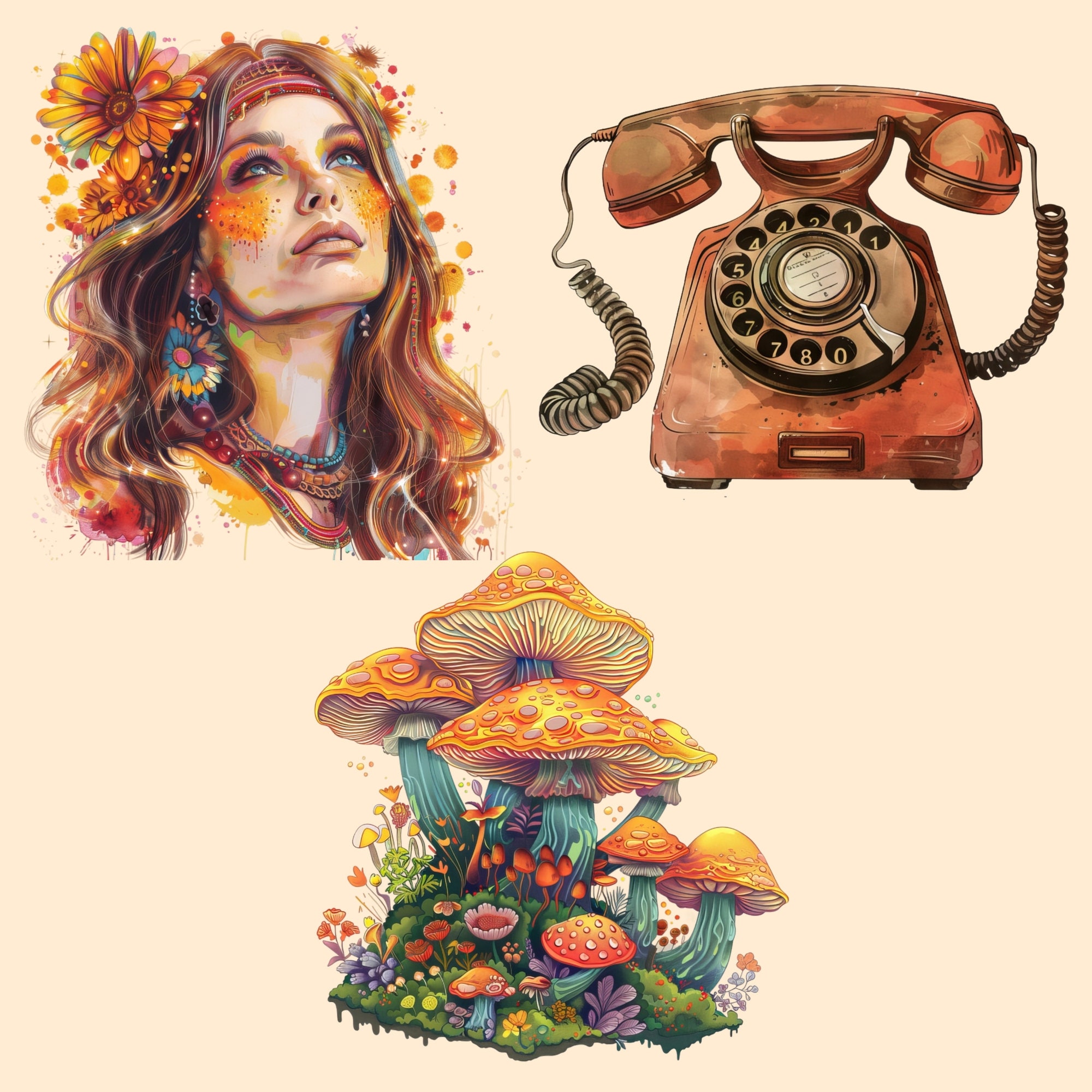 Retro 70s Clipart Set Floral Vintage Clipart Bundle Boho Hippie Clipart ...