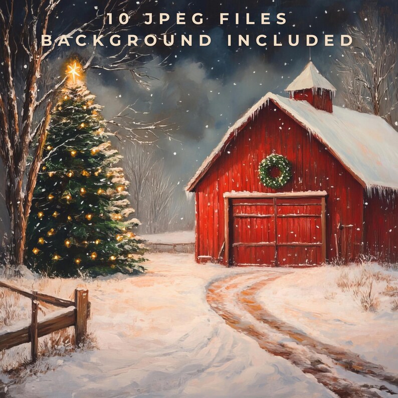 Country Christmas Barn Clipart Watercolor Red Christmas Barn JPG Winter ...