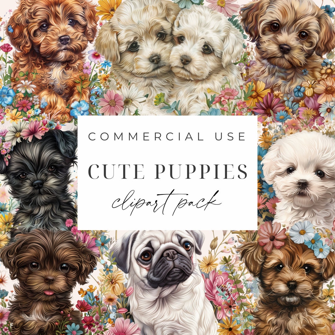 Cute Puppy Clipart Pack, Puppy Clipart Set, Puppies and Flowers PNG ...