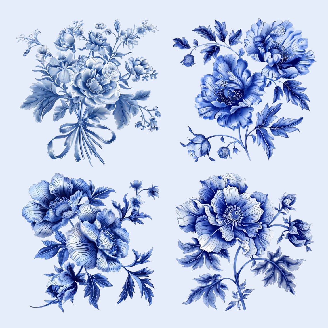 Blue Chinoiserie Floral Clipart Chinoiserie Clipart Bundle Watercolor Chinoiserie Flowers ...