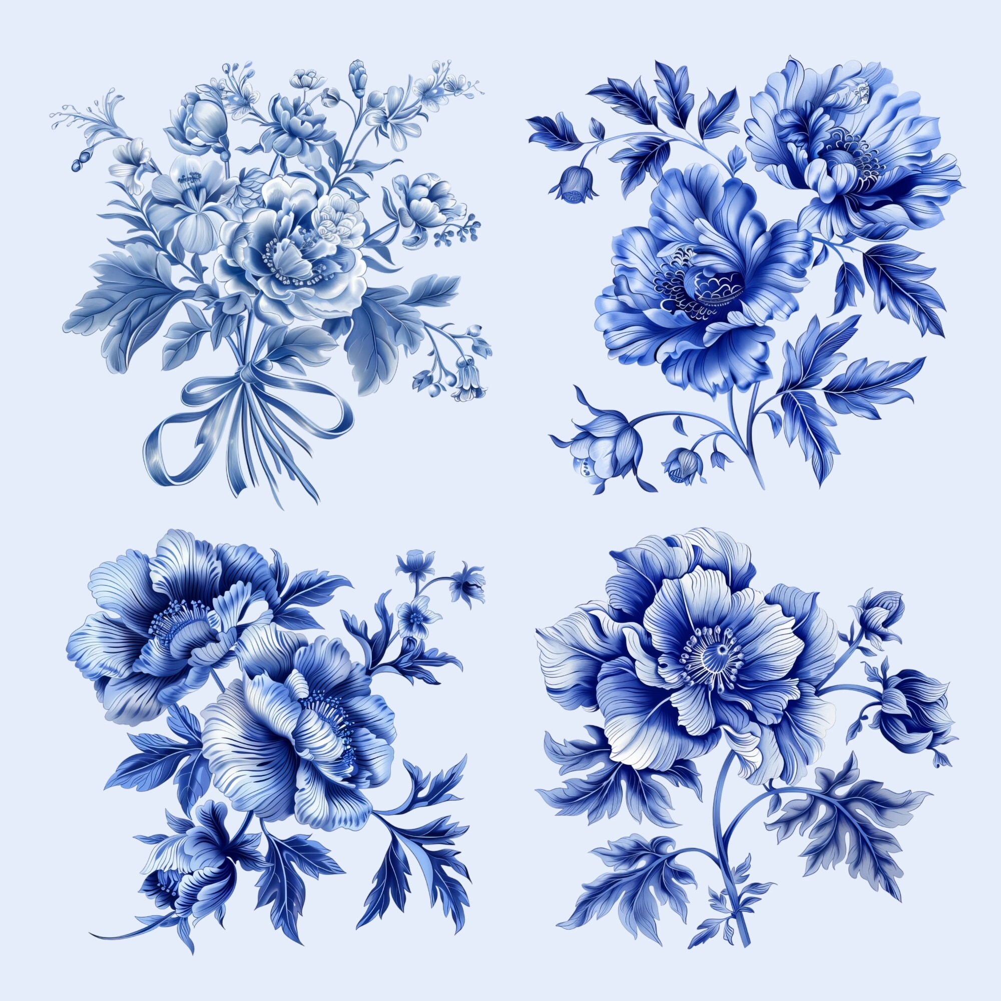 Blue Chinoiserie Floral Clipart Chinoiserie Clipart Bundle Watercolor ...