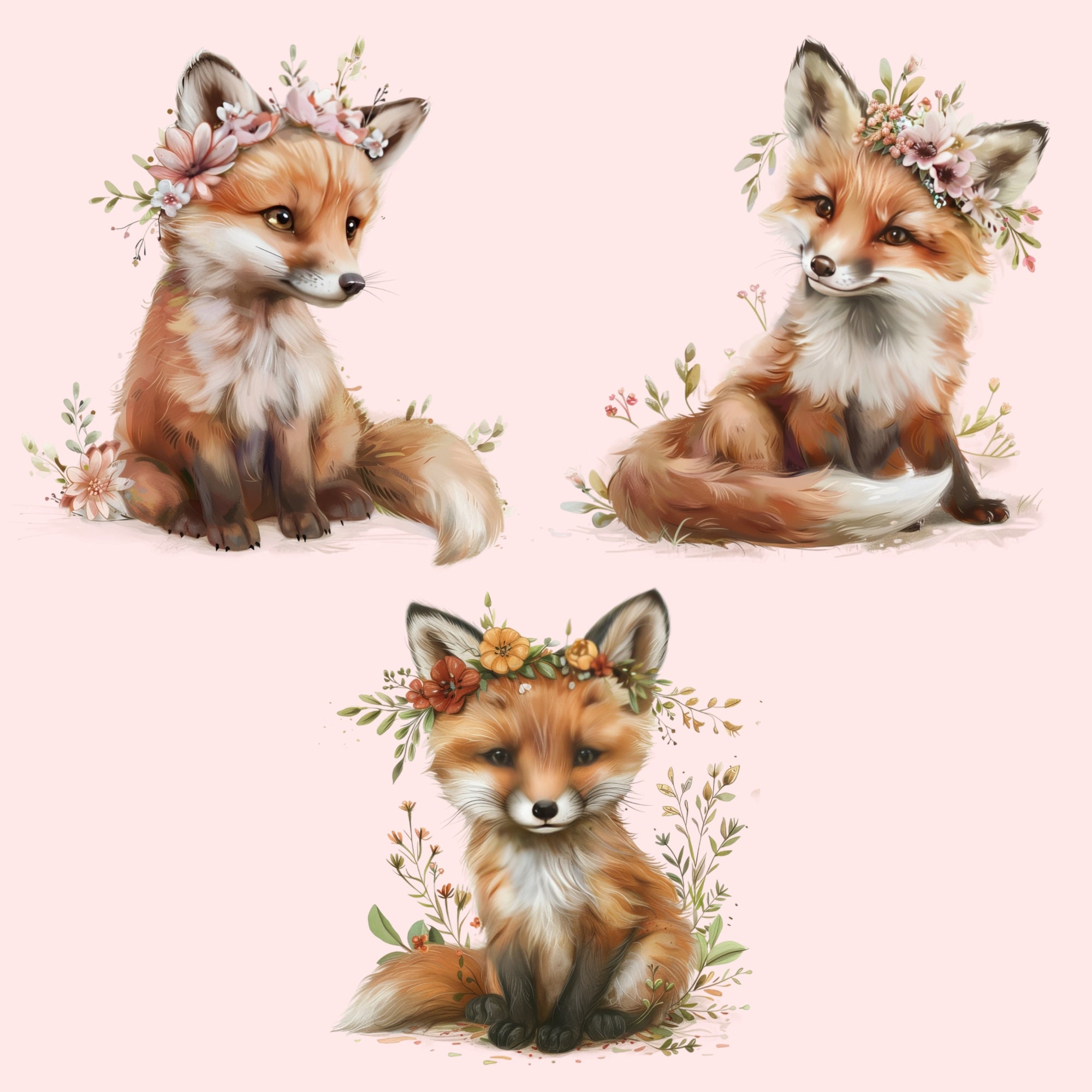 Cute Fox Clipart Bundle Floral Fox Clipart Watercolor Fox PNG Woodland ...