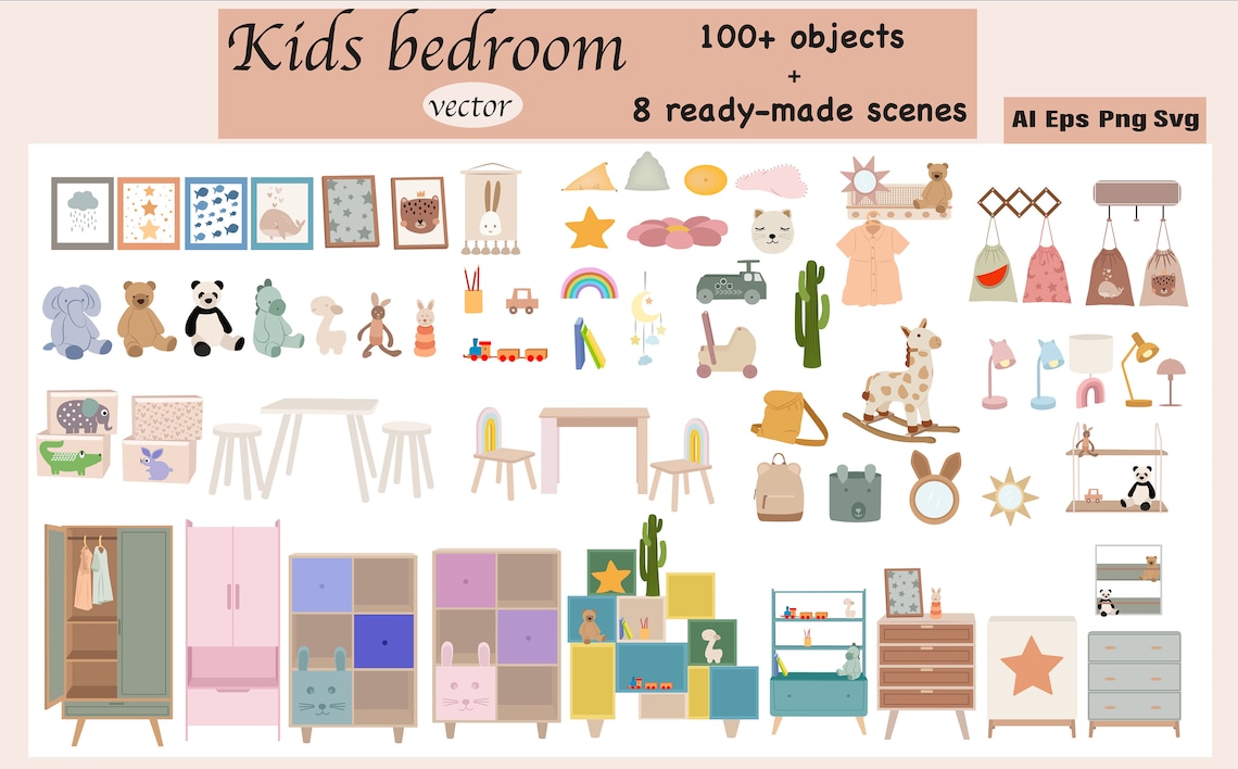 Flat Vector Illustration Kids Bedroom Furniture Clipart Set 100 Items 8 ...