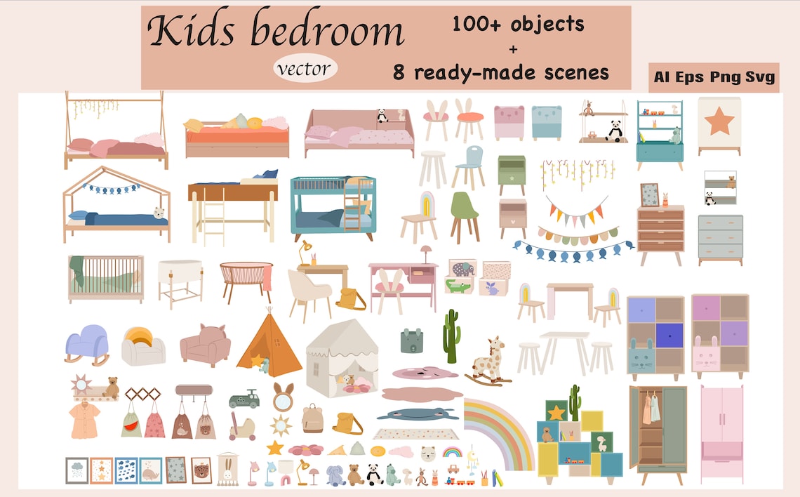 Flat Vector Illustration - Kids Bedroom Furniture Clipart Set (100 ...