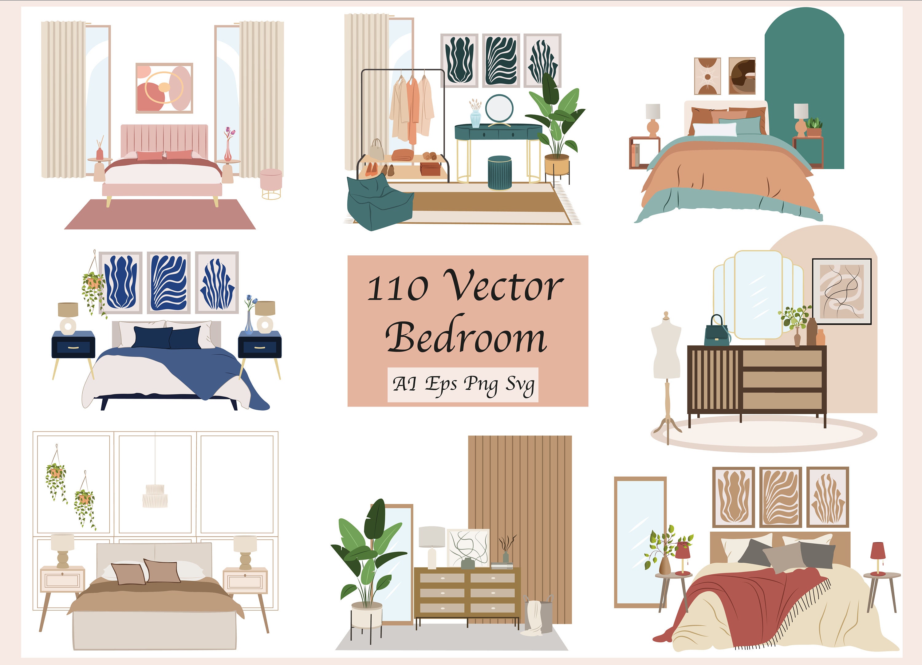 564 Flat Vector Illustration - Furniture Clipart Bundle - Bedroom, His ...