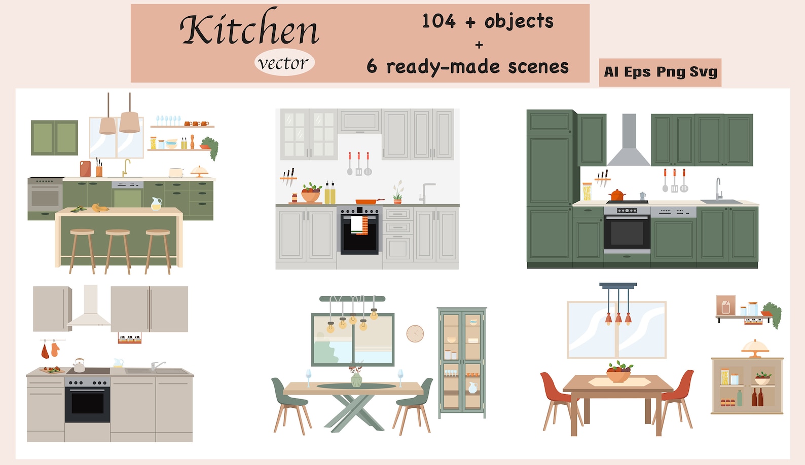 Flat Vector Kitchen Illustration 104 Forniture Interior Decor Clipart ...
