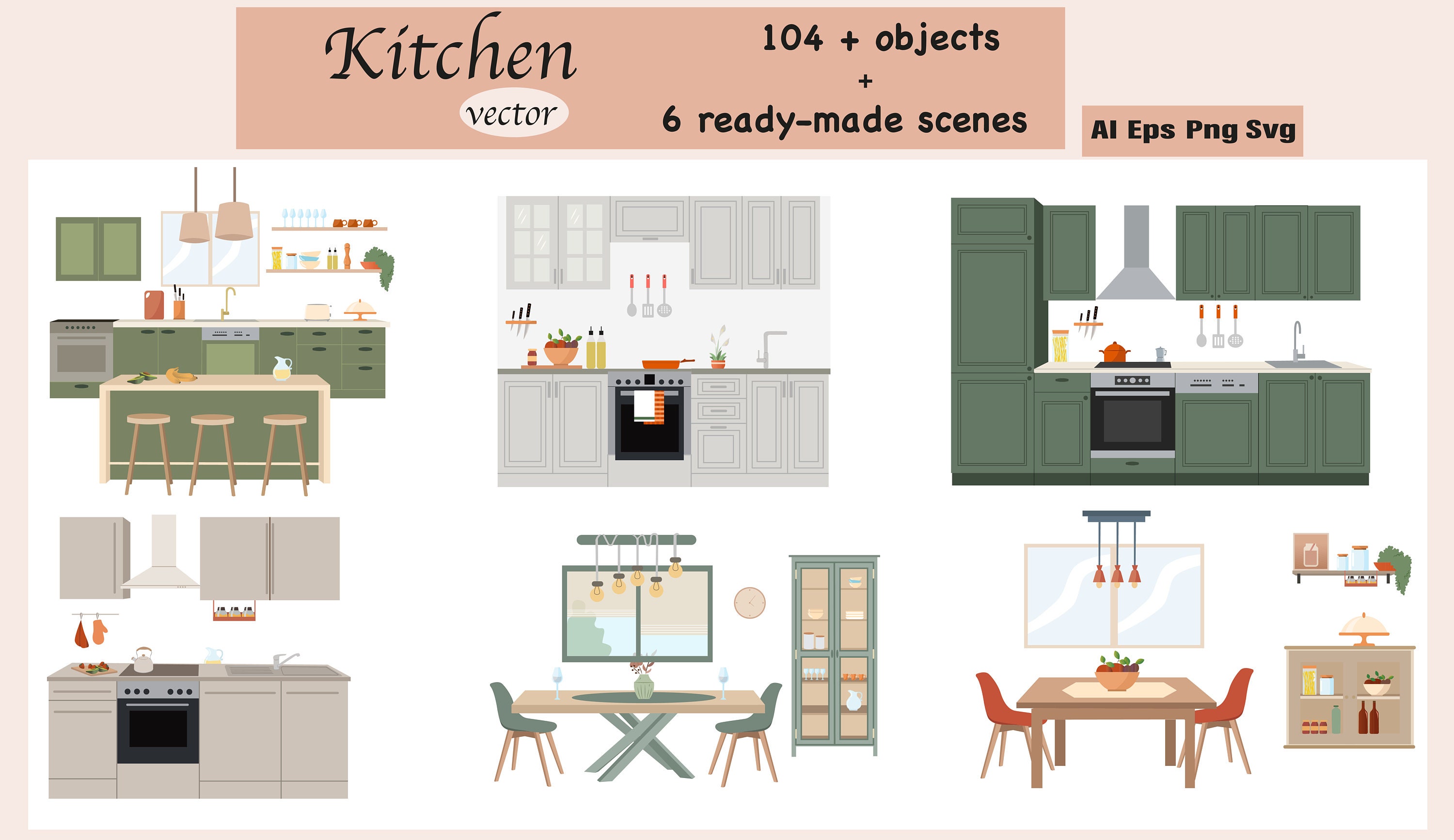 Flat Vector Kitchen Illustration - 104 Forniture Interior Decor Clipart Set - 6 Scenes- Cooking ...