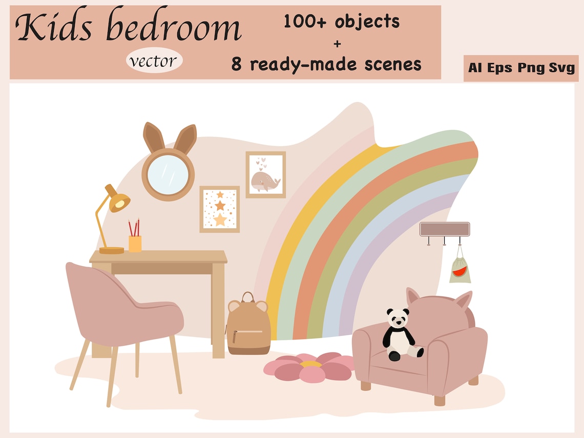 Flat Vector Illustration Kids Bedroom Furniture Clipart Set 100 Items 8 ...