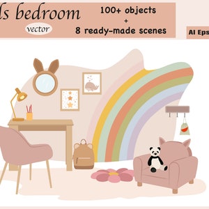 Flat Vector Illustration - Kids Bedroom Furniture Clipart Set (100 ...