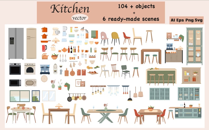Flat Vector Kitchen Illustration - 104 Forniture Interior Decor Clipart Set - 6 Scenes- Cooking ...
