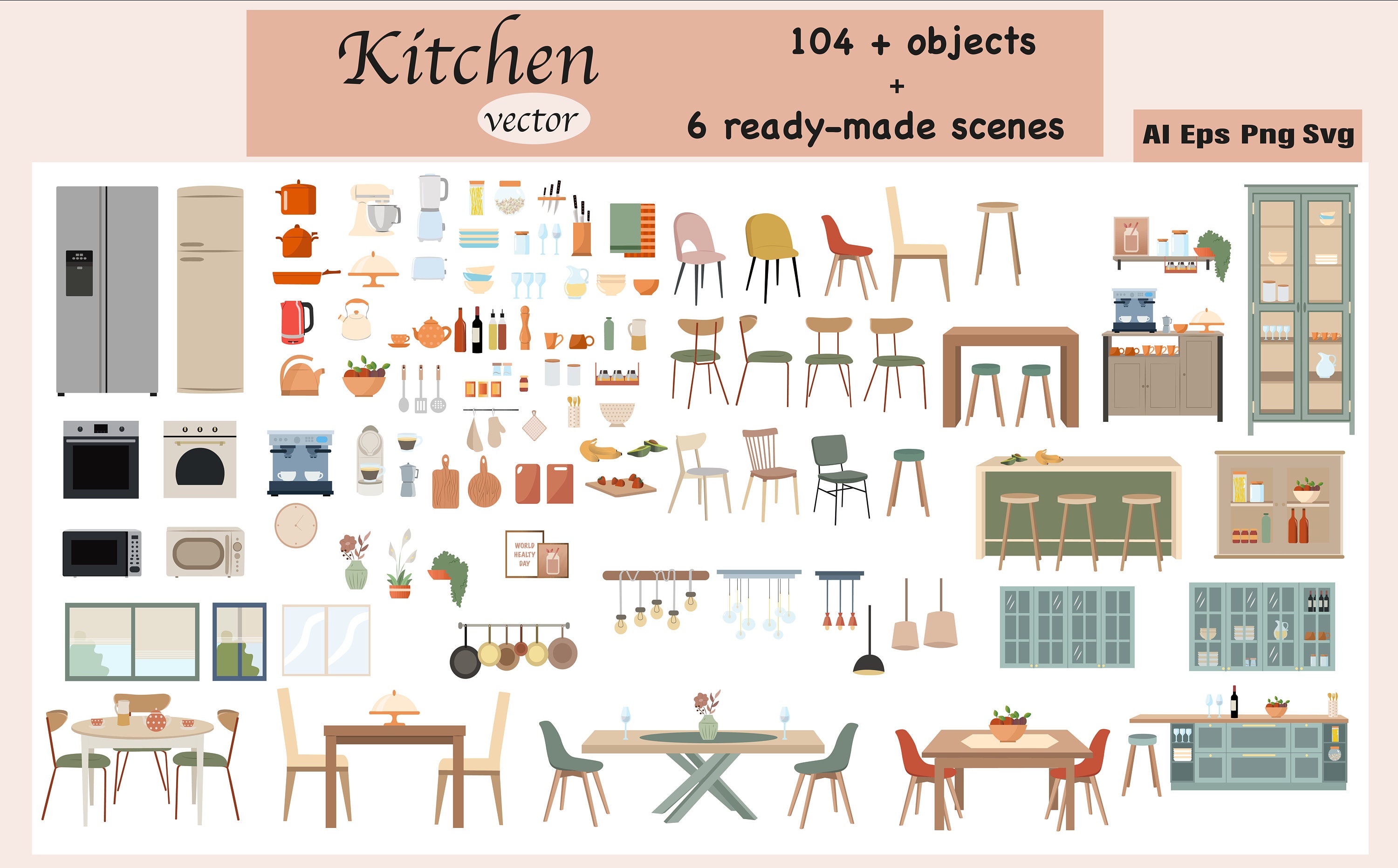 Flat Vector Kitchen Illustration - 104 Forniture Interior Decor Clipart Set - 6 Scenes- Cooking ...