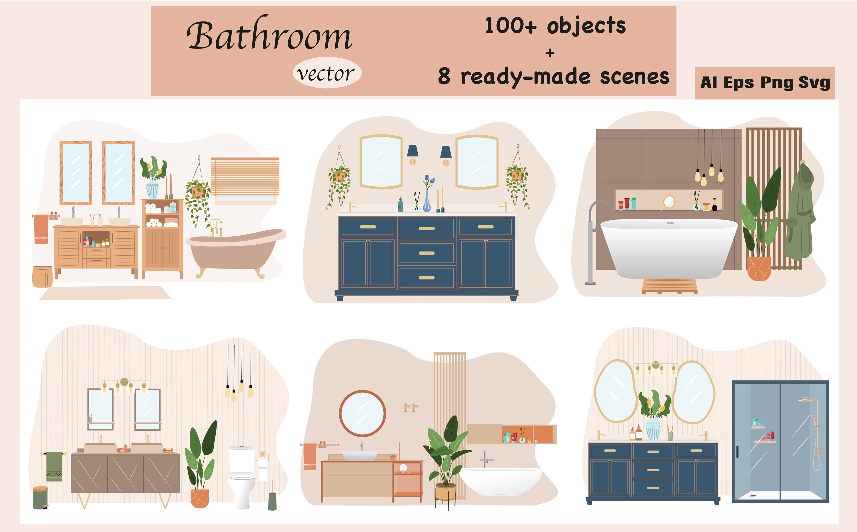 Bathroom Furniture Clipart Set - 100 Vector Items, 8 Scenes (digital ...
