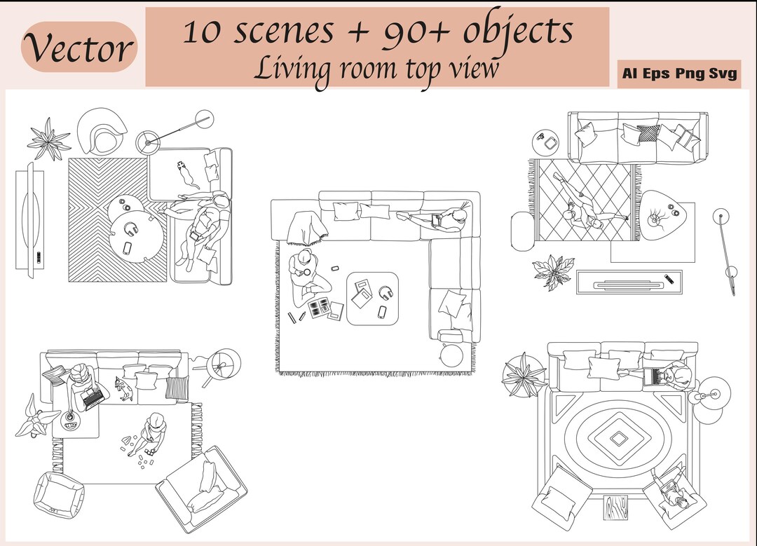 Vector Illustration Top View- Living Room Furniture and Decor Elements ...