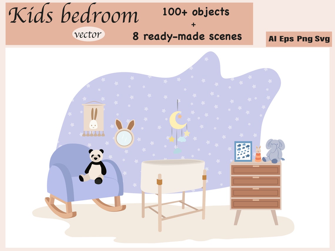 Flat Vector Illustration Kids Bedroom Furniture Clipart Set 100 Items 8 ...