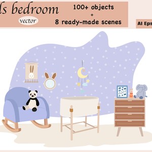 Flat Vector Illustration - Kids Bedroom Furniture Clipart Set (100 ...