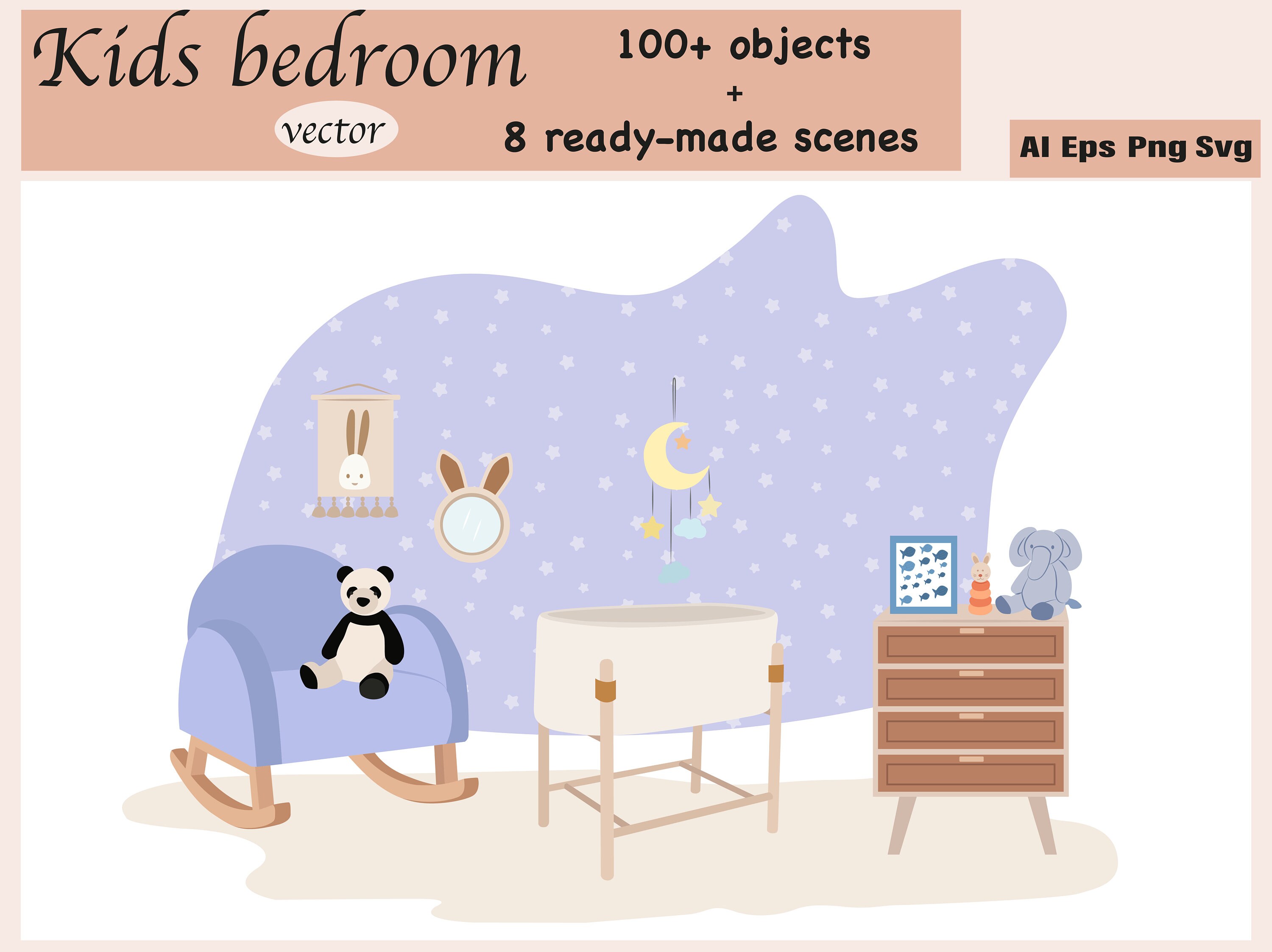 Flat Vector Illustration - Kids Bedroom Furniture Clipart Set (100 ...