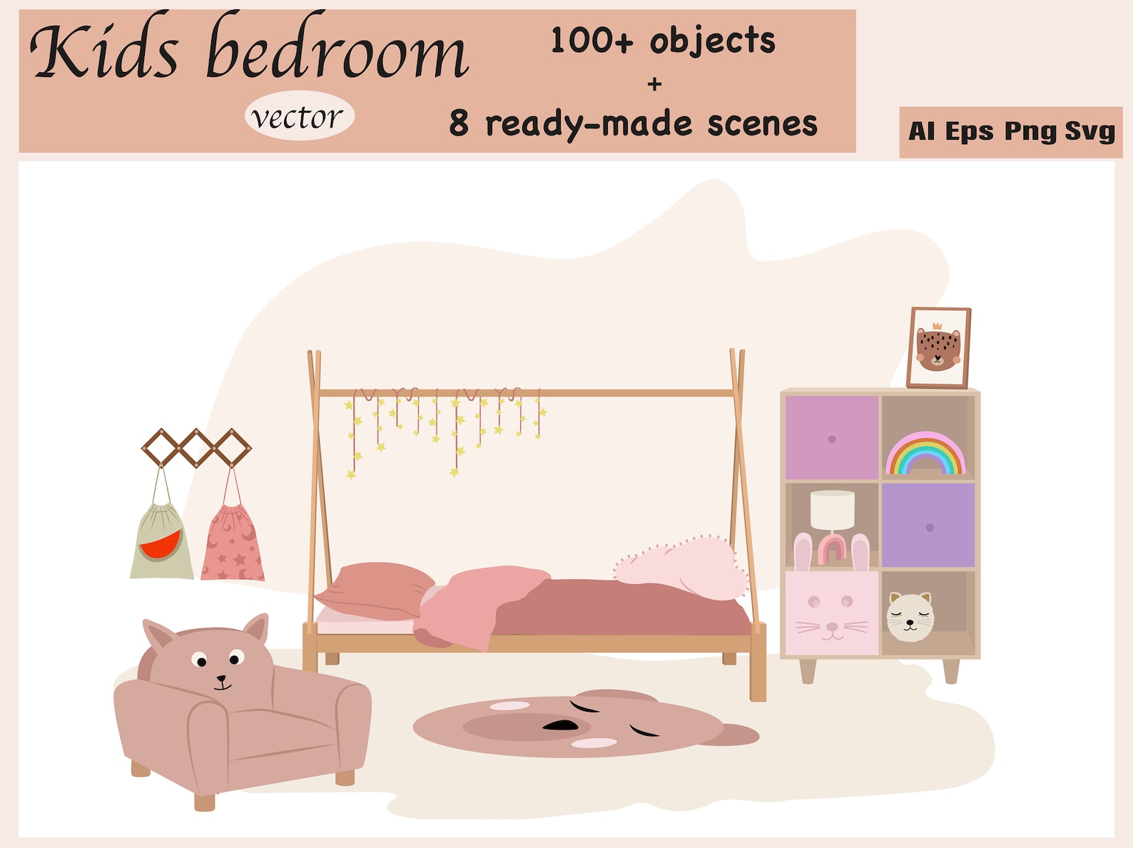 Flat Vector Illustration - Kids Bedroom Furniture Clipart Set (100 ...