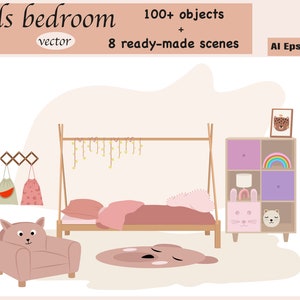 Flat Vector Illustration - Kids Bedroom Furniture Clipart Set (100 ...