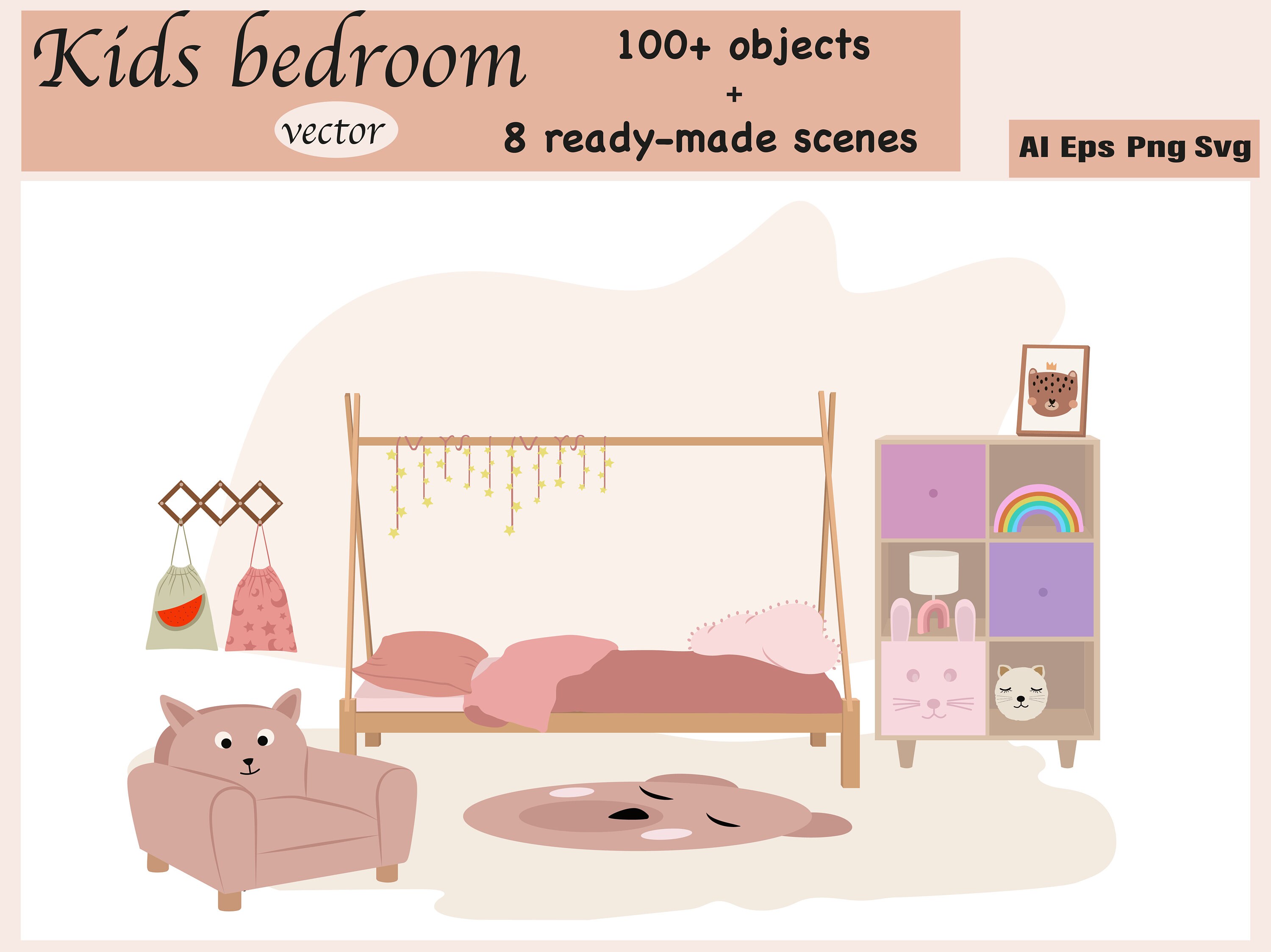 Flat Vector Illustration - Kids Bedroom Furniture Clipart Set (100 ...