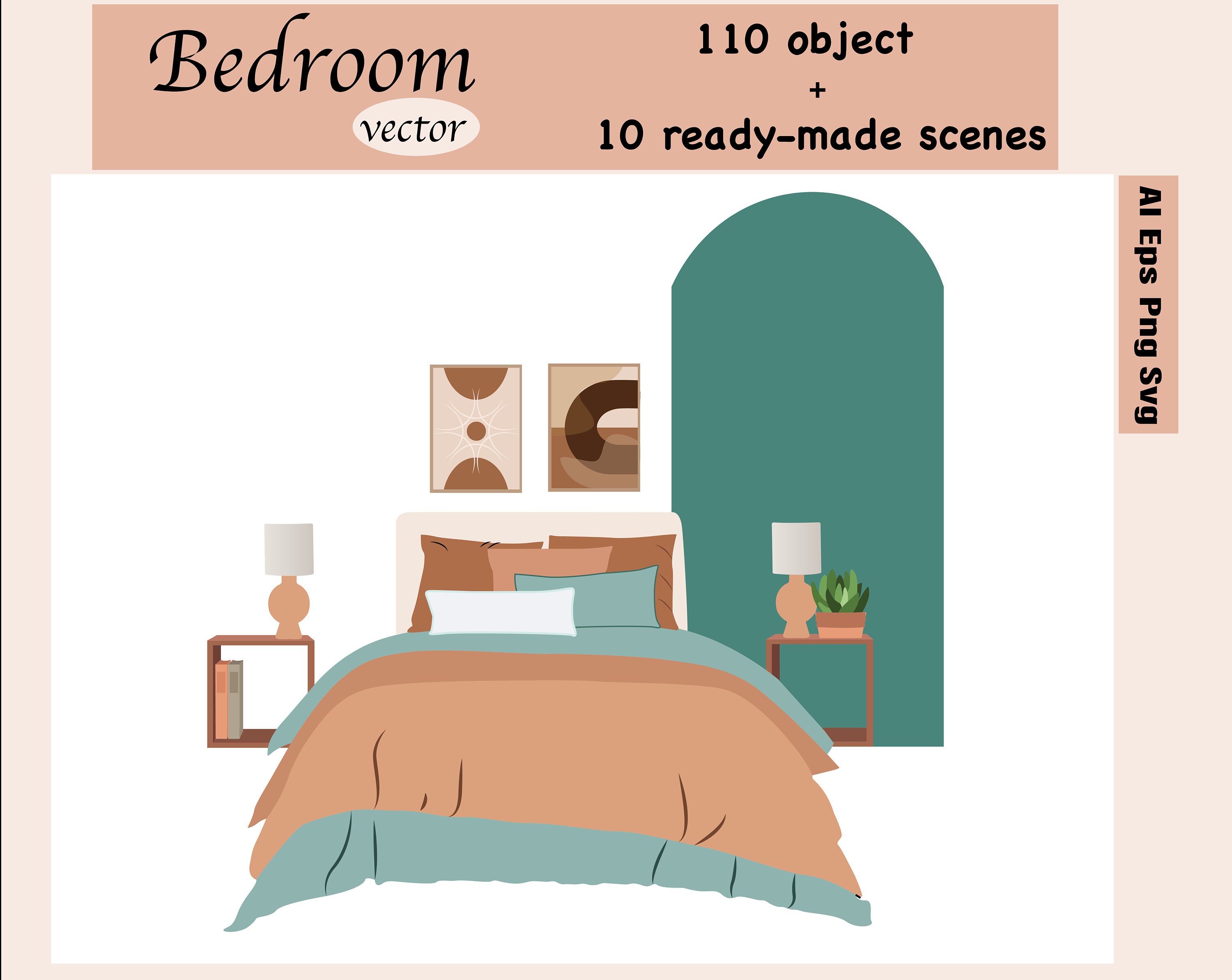 Flat Vector Illustration - Bedroom Furniture Clipart Set (110 Items ...