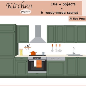 Flat Vector Kitchen Illustration - 104 Forniture Interior Decor Clipart ...