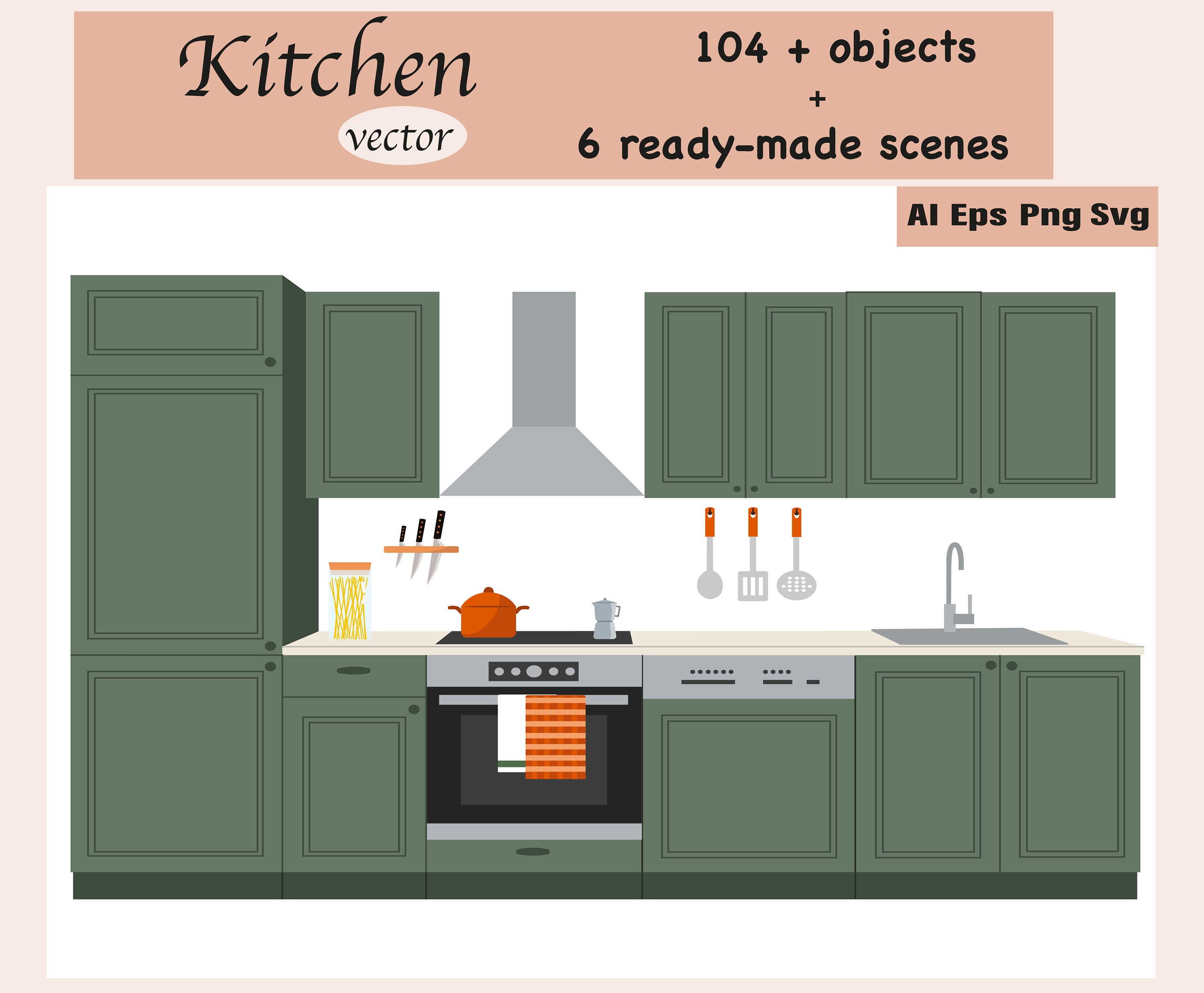 Flat Vector Kitchen Illustration 104 Forniture Interior Decor Clipart ...