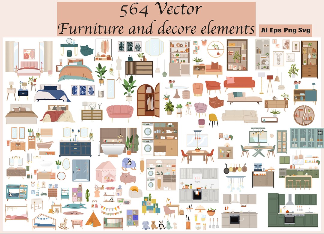 564 Flat Vector Illustration - Furniture Clipart Bundle - Bedroom, His ...