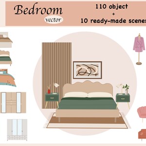 Flat Vector Illustration - Bedroom Furniture Clipart Set (110 Items ...