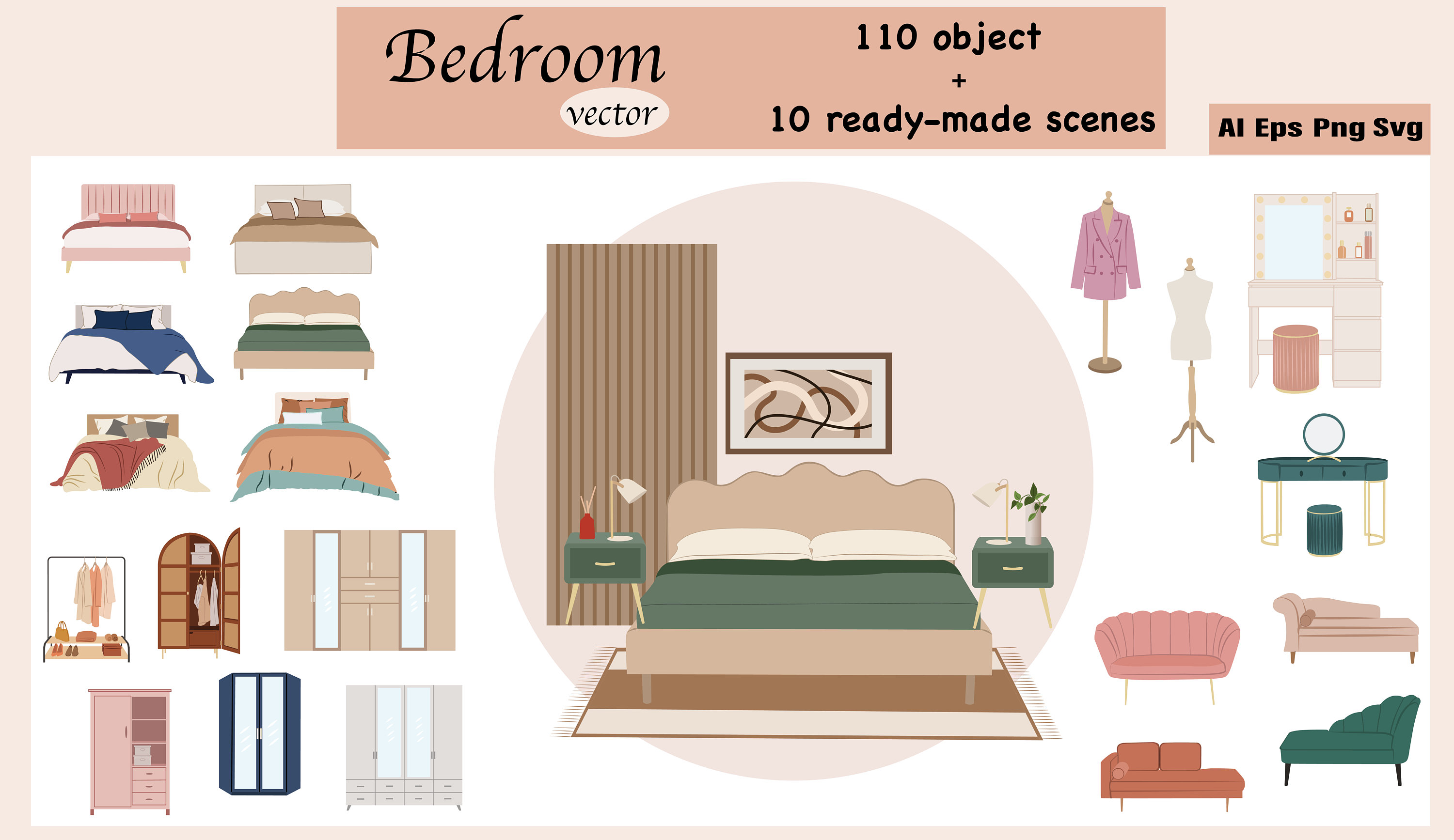 Flat Vector Illustration - Bedroom Furniture Clipart Set (110 Items ...