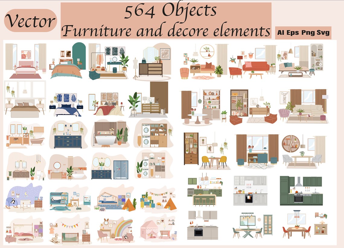 564 Flat Vector Illustration - Furniture Clipart Bundle - Bedroom, His ...