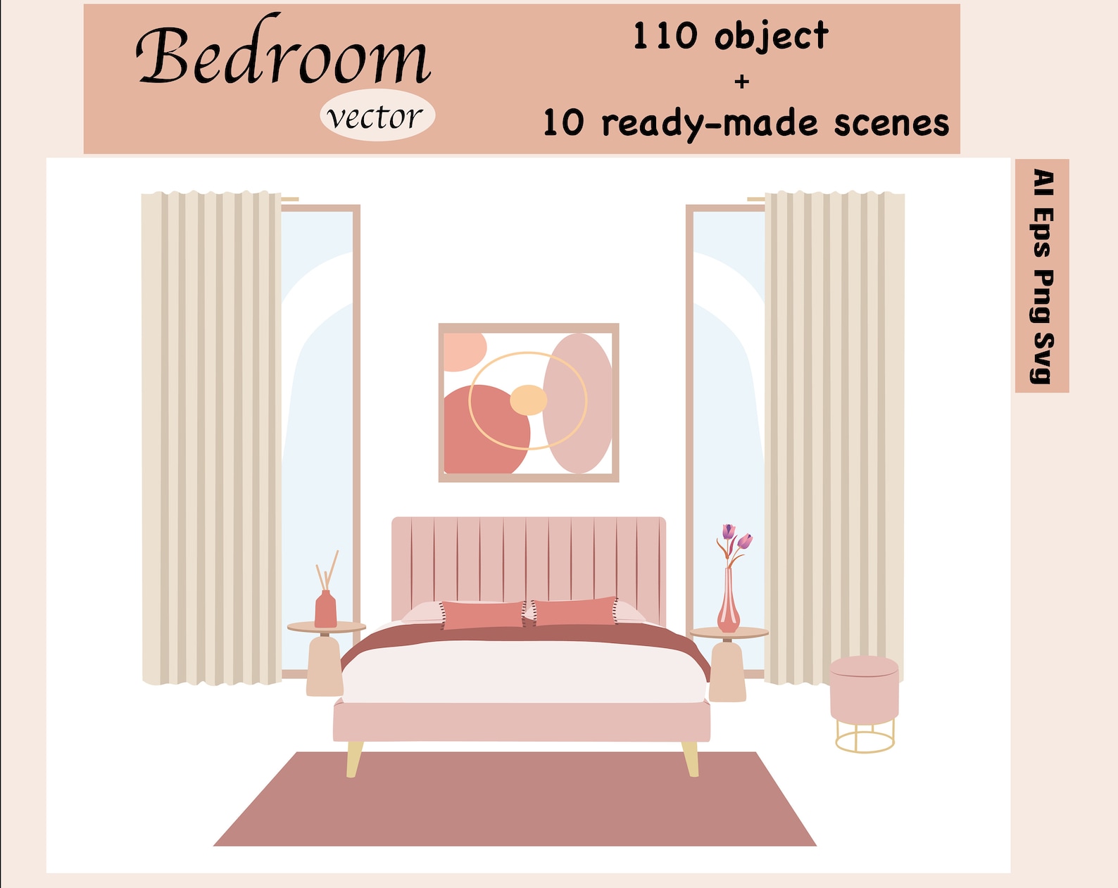 Flat Vector Illustration - Bedroom Furniture Clipart Set (110 Items ...