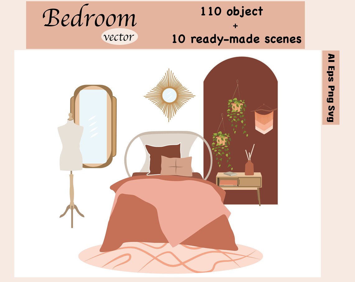 Flat Vector Illustration - Bedroom Furniture Clipart Set (110 Items ...