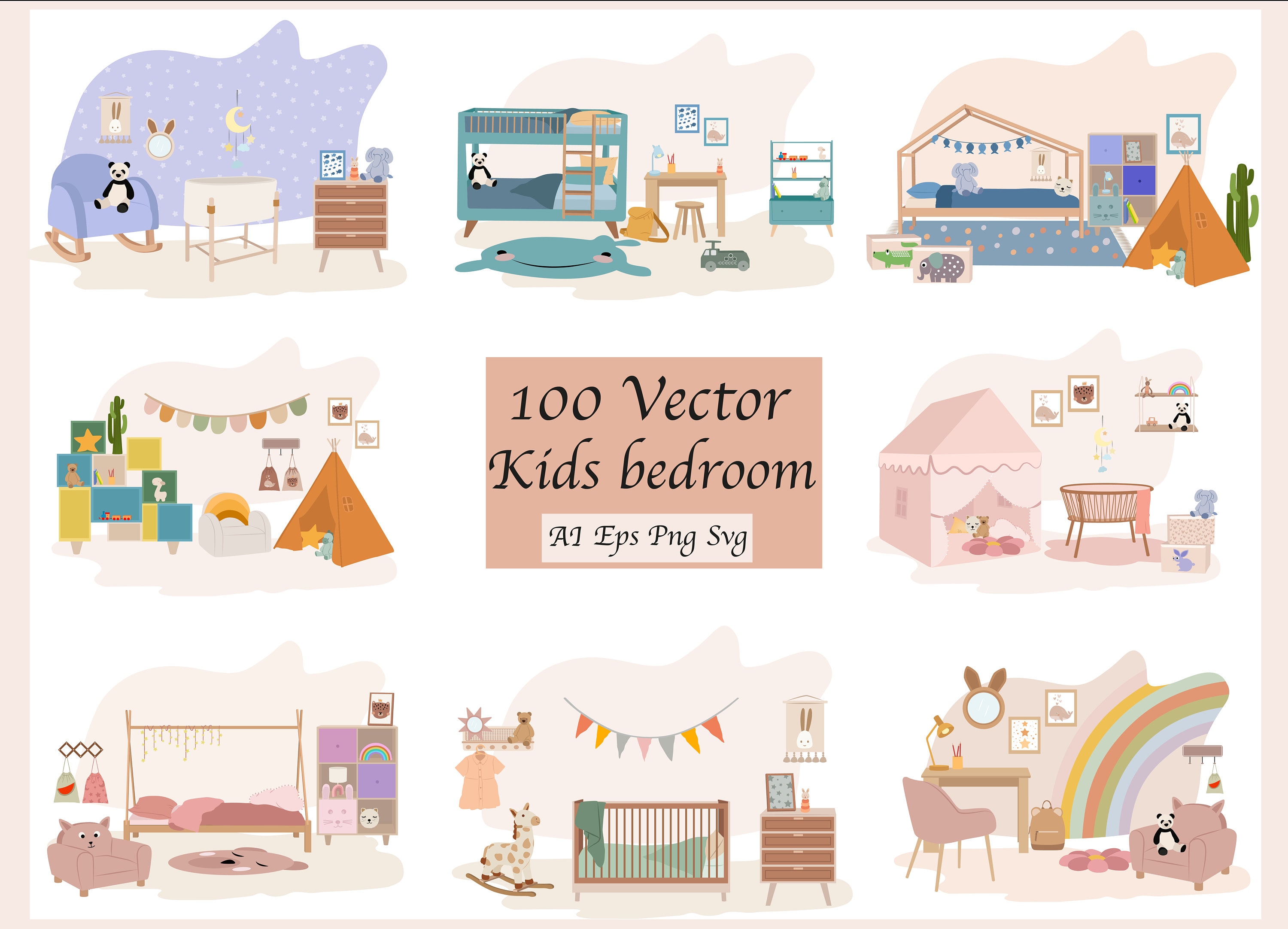 Flat Vector Illustration - Kids Bedroom Furniture Clipart Set (100 ...