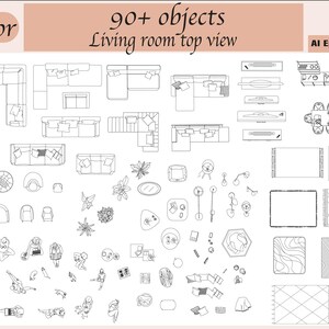Vector Illustration Top View- Living Room Furniture and Decor Elements ...