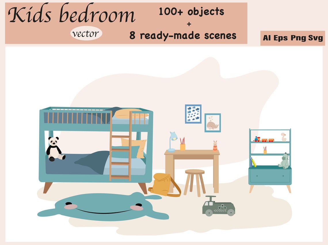 Flat Vector Illustration Kids Bedroom Furniture Clipart Set 100 Items 8 ...