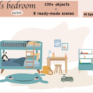 Flat Vector Illustration - Kids Bedroom Furniture Clipart Set (100 ...