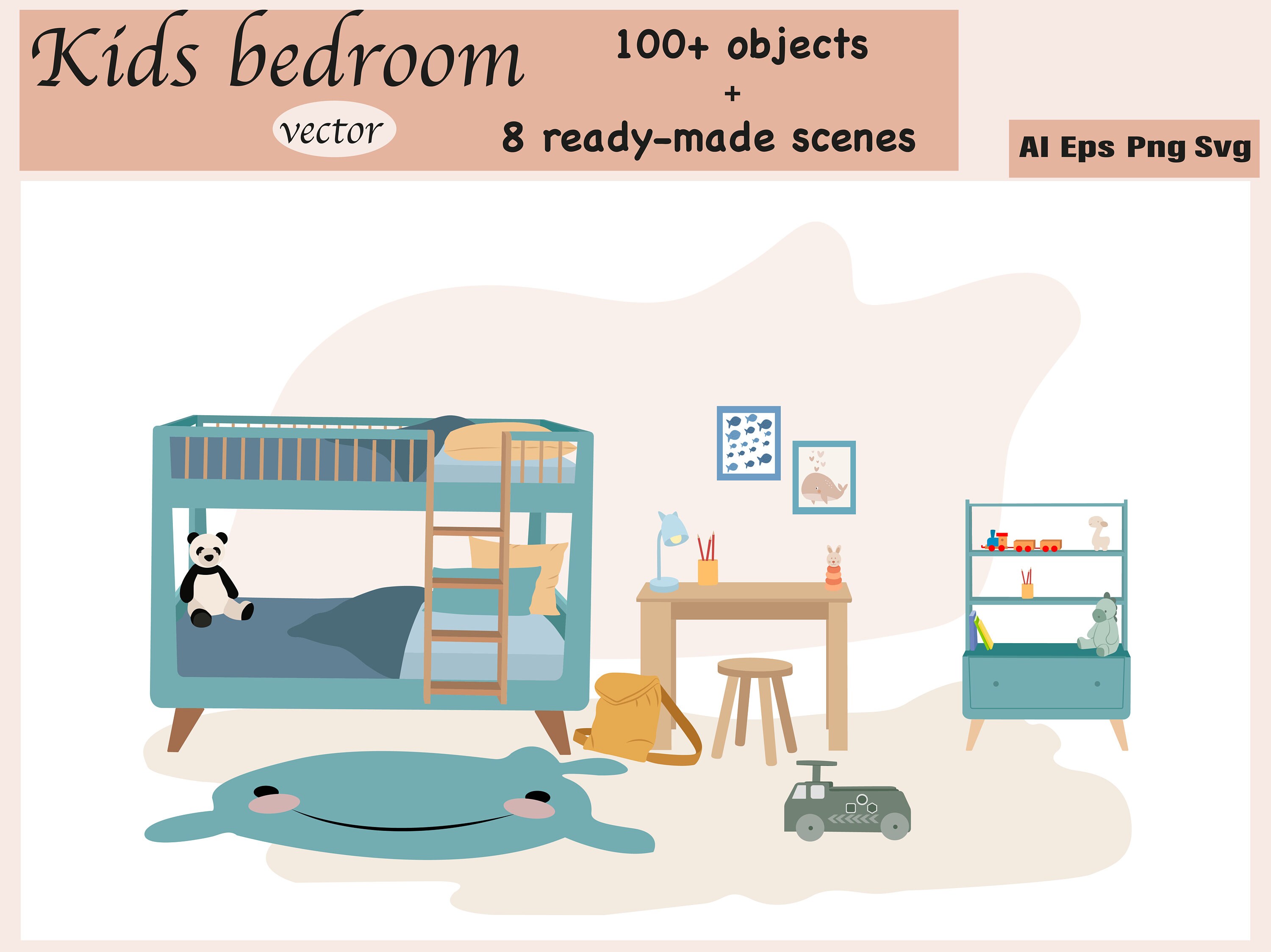 Flat Vector Illustration - Kids Bedroom Furniture Clipart Set (100 ...