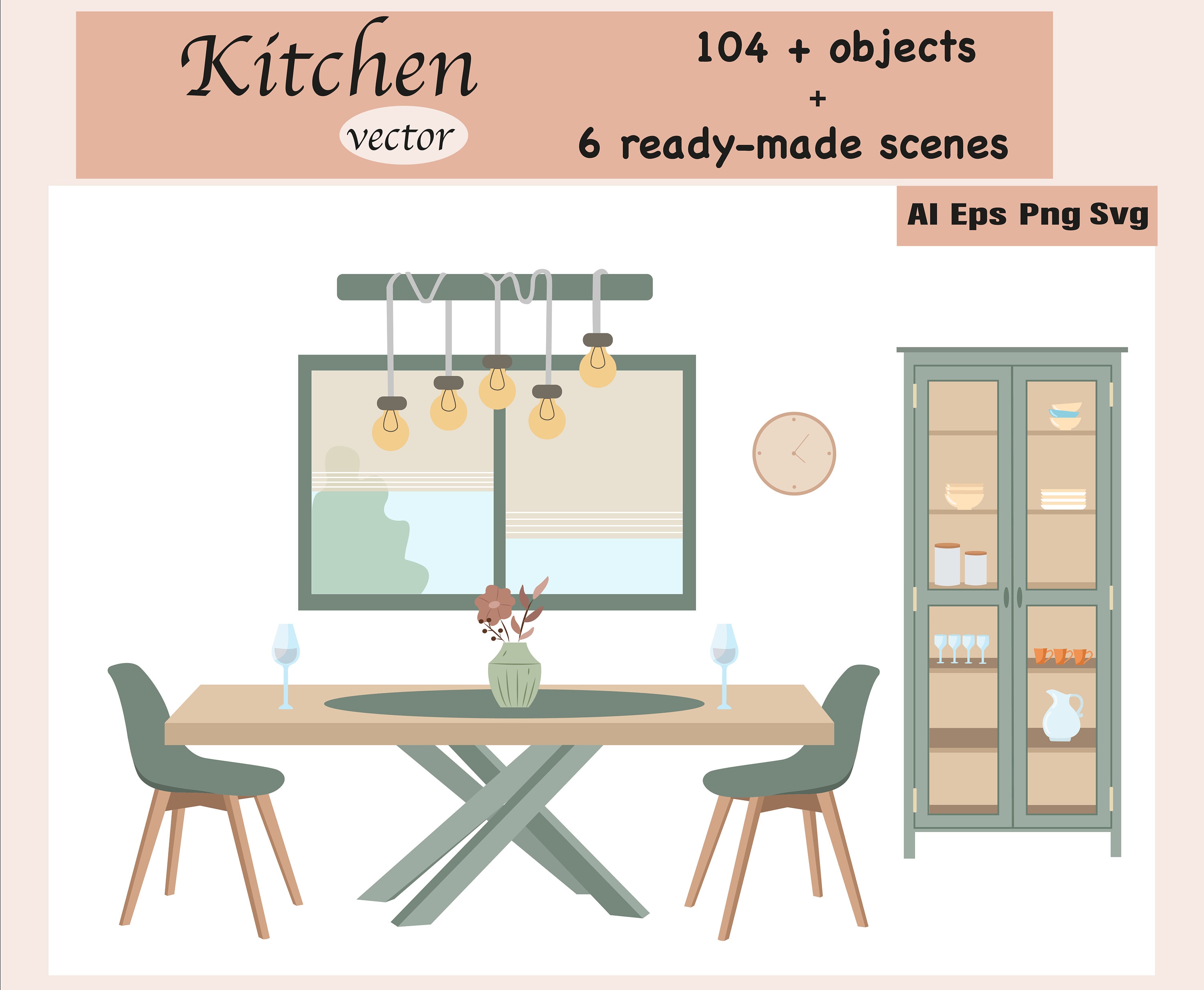 Flat Vector Kitchen Illustration 104 Forniture Interior Decor Clipart ...