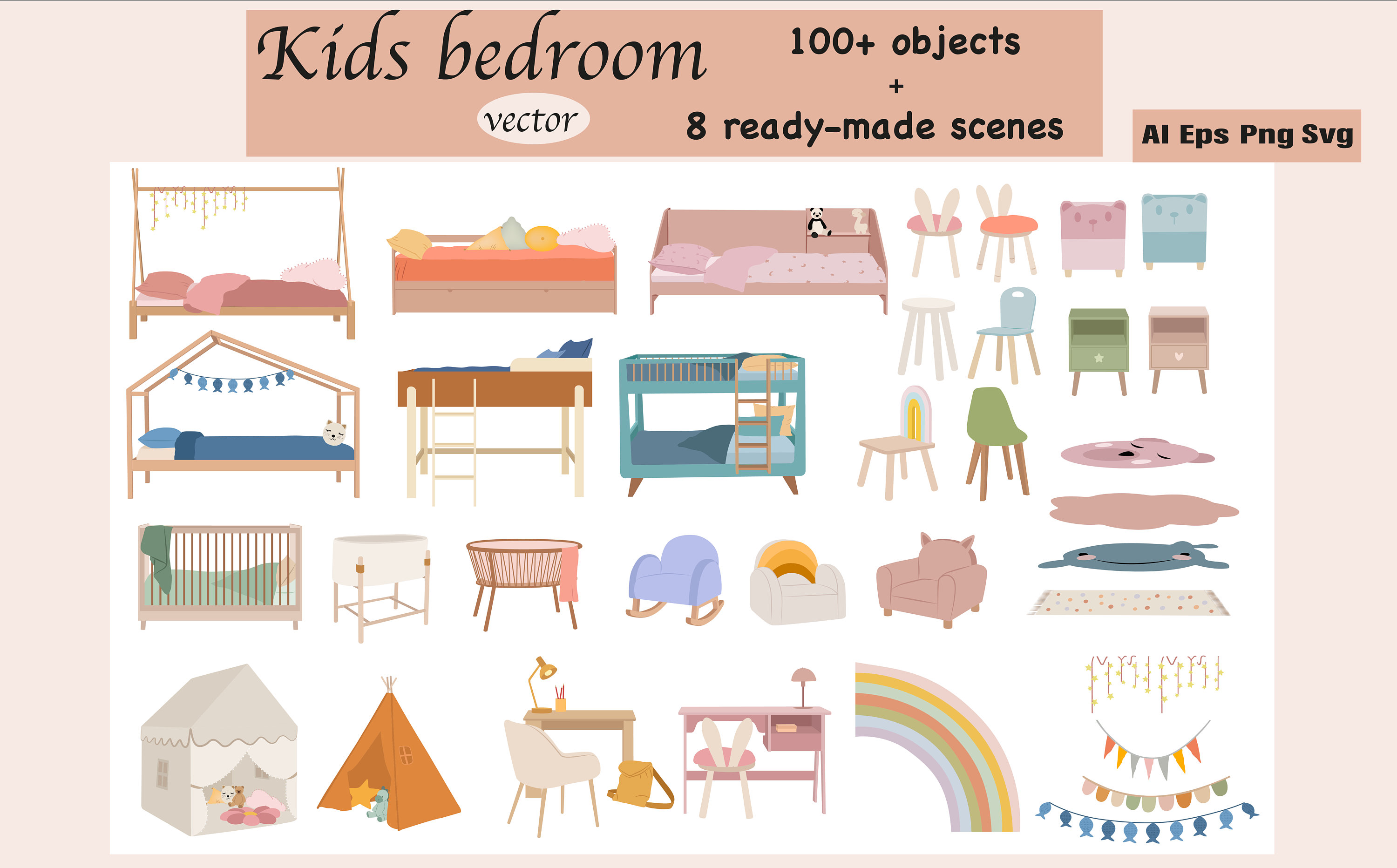 Flat Vector Illustration - Kids Bedroom Furniture Clipart Set (100 ...