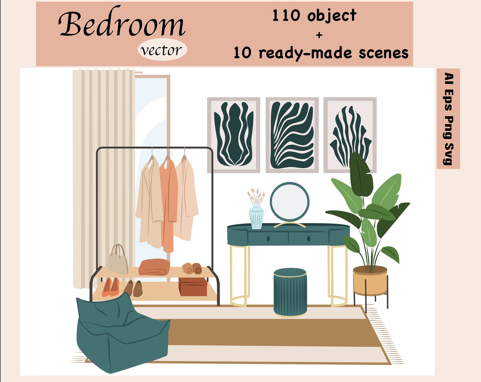 Flat Vector Illustration - Bedroom Furniture Clipart Set (110 Items ...