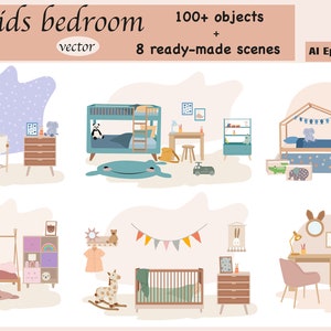 Flat Vector Illustration - Kids Bedroom Furniture Clipart Set (100 ...