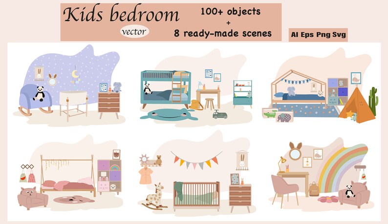 Flat Vector Illustration - Kids Bedroom Furniture Clipart Set (100 ...