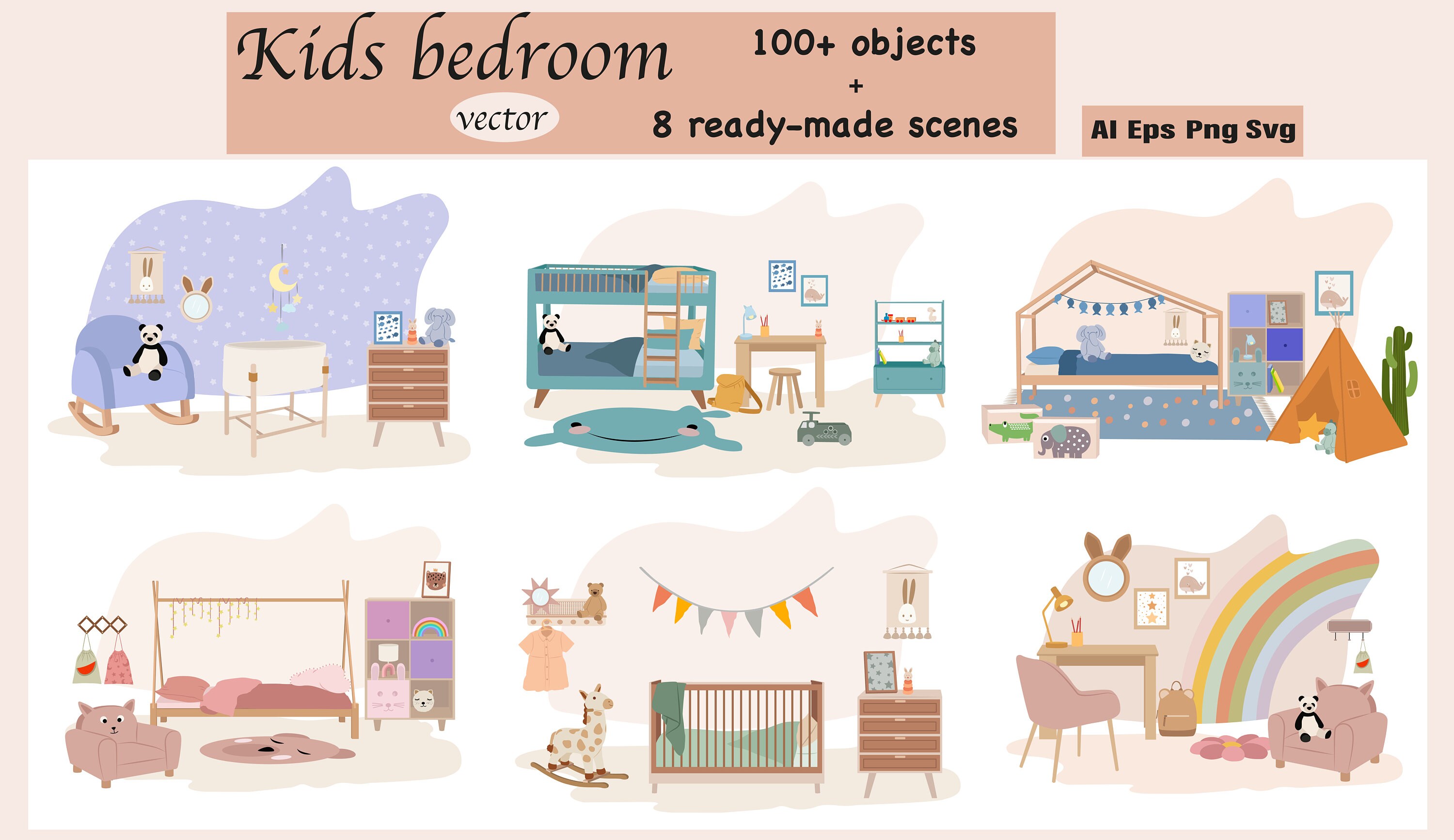 Flat Vector Illustration - Kids Bedroom Furniture Clipart Set (100 ...