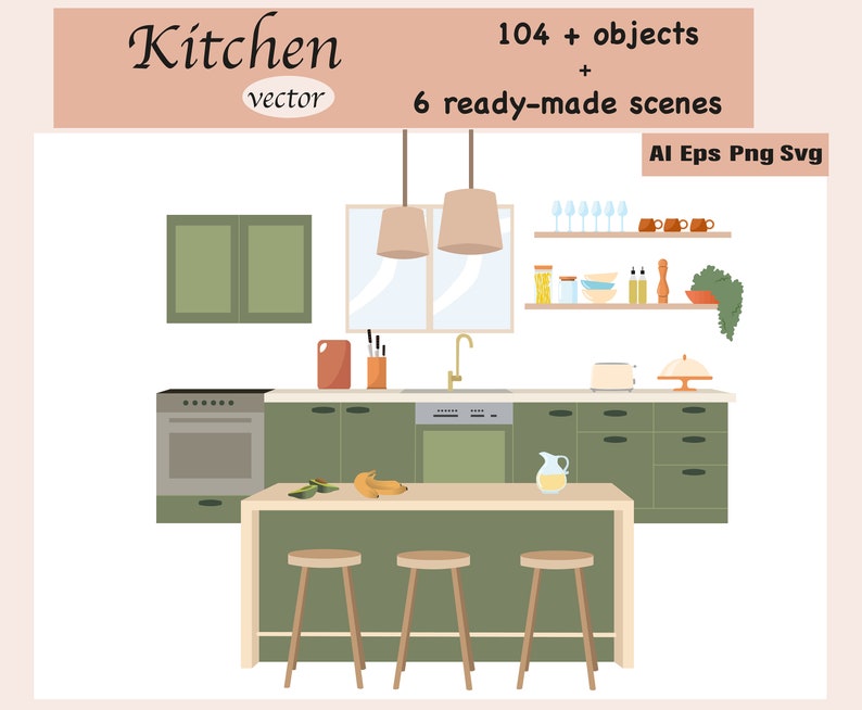 Flat Vector Kitchen Illustration - 104 Forniture Interior Decor Clipart ...