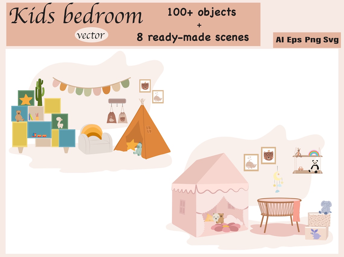 Flat Vector Illustration Kids Bedroom Furniture Clipart Set 100 Items 8 ...
