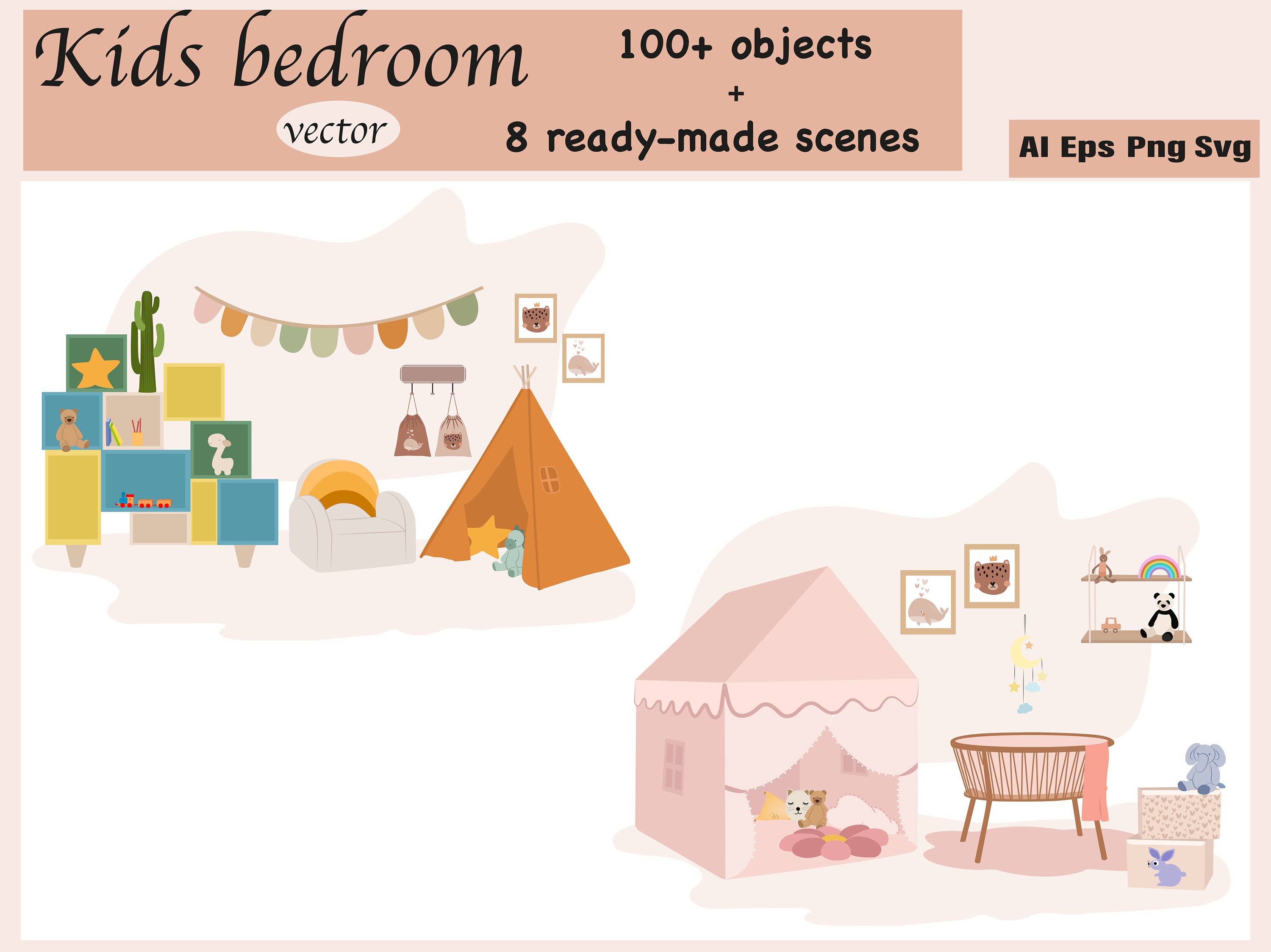 Flat Vector Illustration - Kids Bedroom Furniture Clipart Set (100 ...